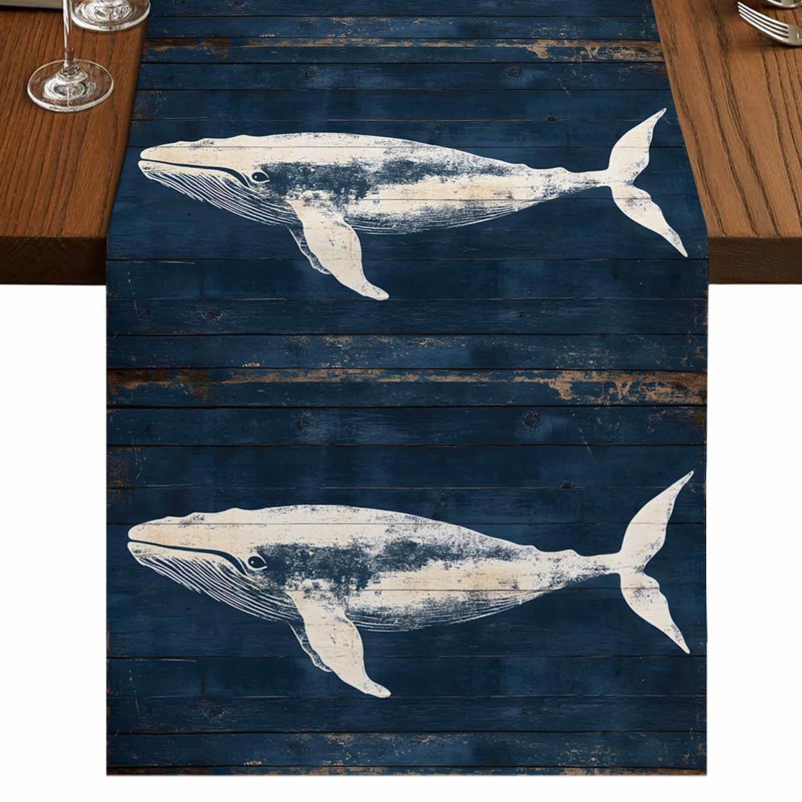 Summer Whale Blue 120 Inch Table Runner, Ocean Vintage Wooden Grain ...