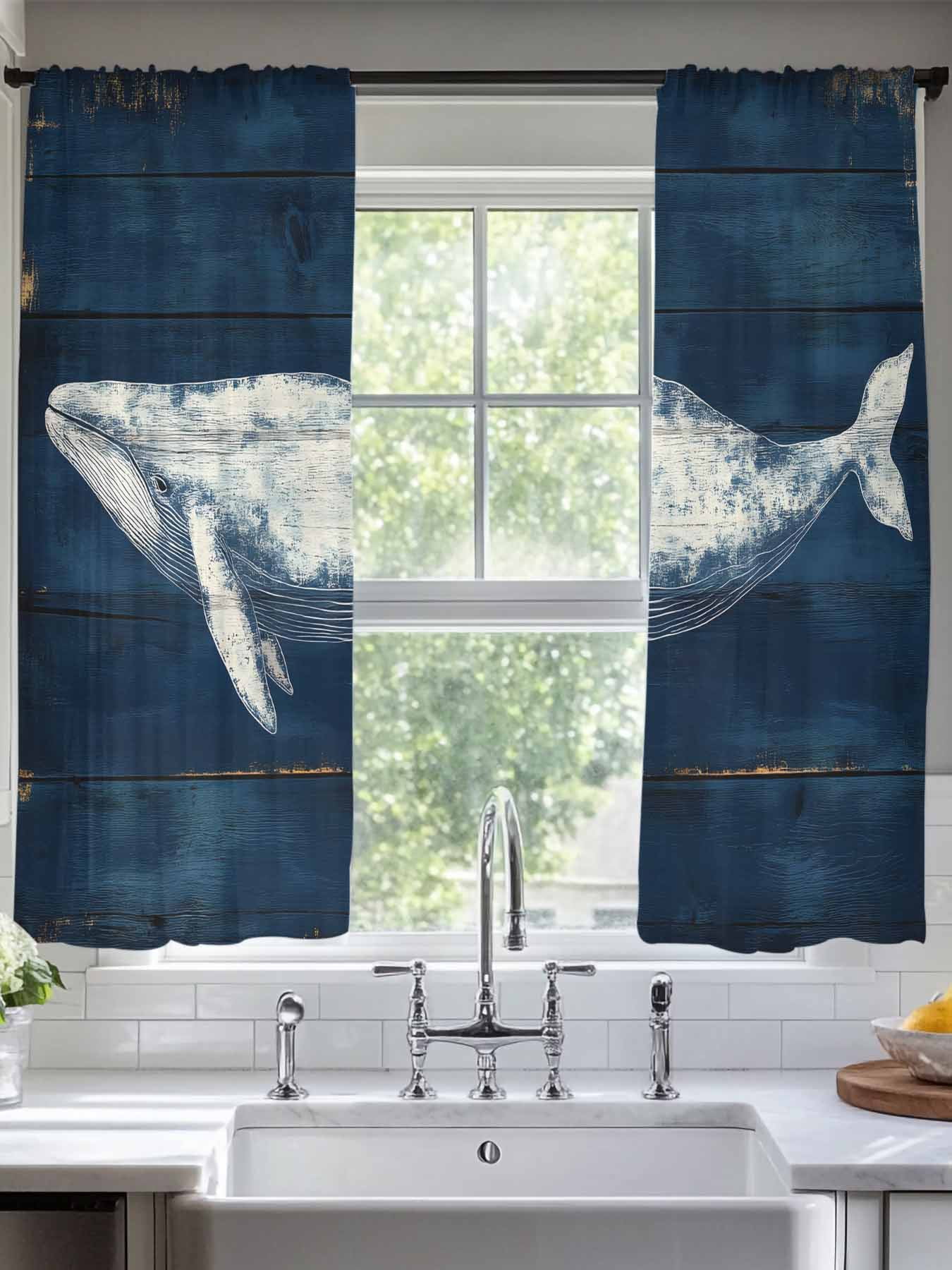 Summer Whale Sheer Curtains for Living Room Bedroom Ocean Watercolor ...