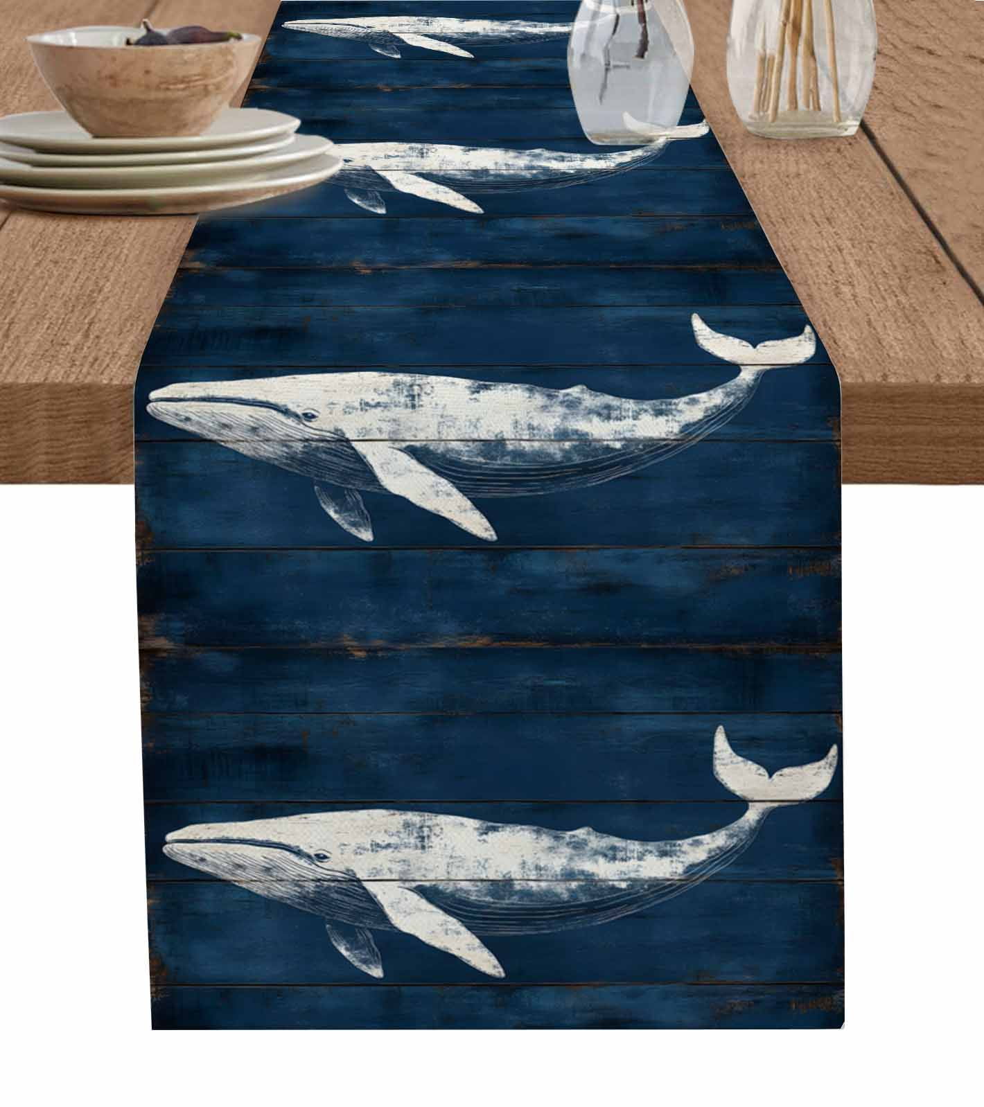 Summer Whale Table Runner 72 Inches, Ocean Vintage Wooden Grain Blue ...