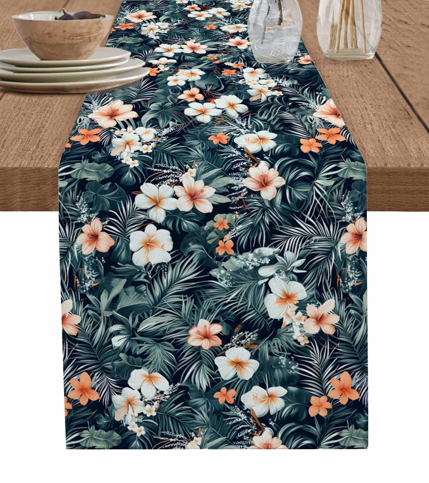 Summer White Flowers Table Runner 108 Inches, Green Tropical Palm ...