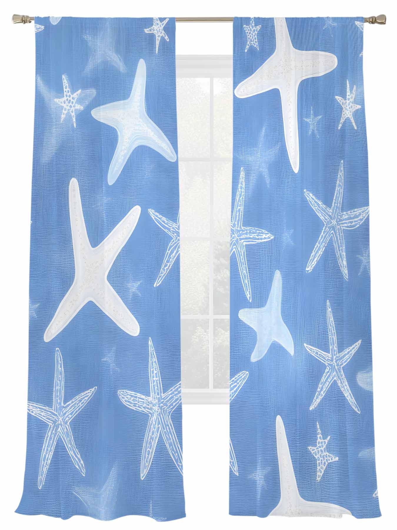 Summer White Sheer Curtains 96 Inch Long 2 Panels, Blue Starfish Ocean ...