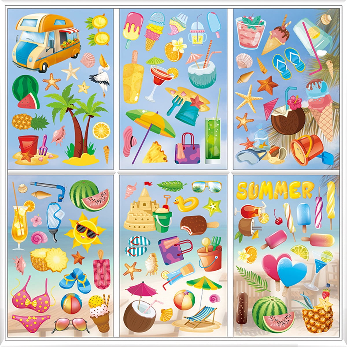 Summer Window Clings Gnomes Beach Hawaii Window Decals Tropical Fruits ...