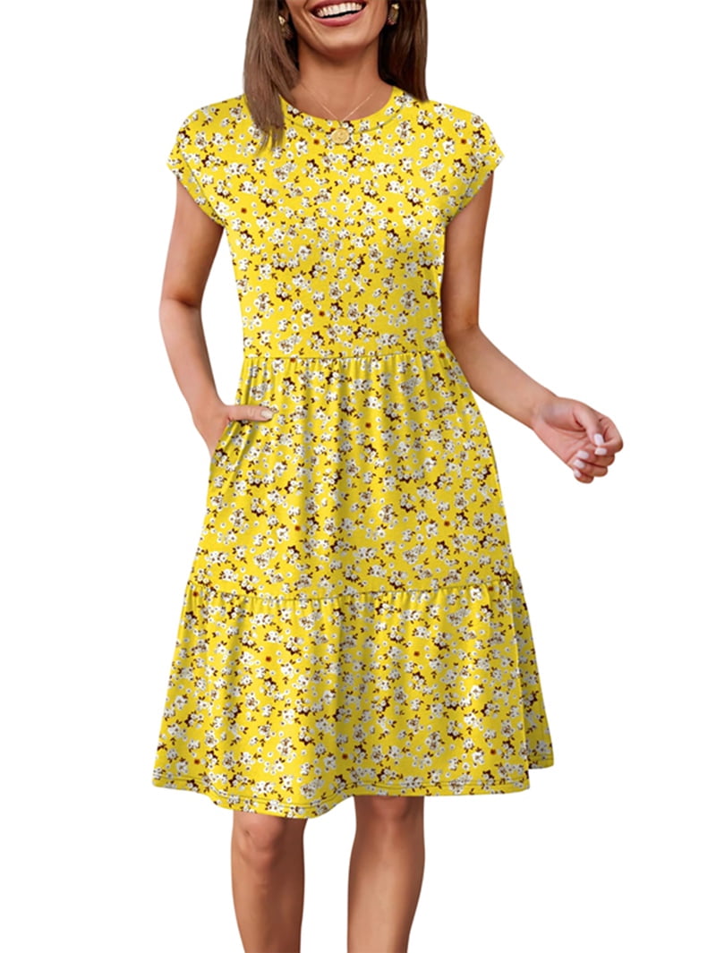 Summer Women 2026 Cap Sleeve Casual Sundresses Floral Tiered Swing ...