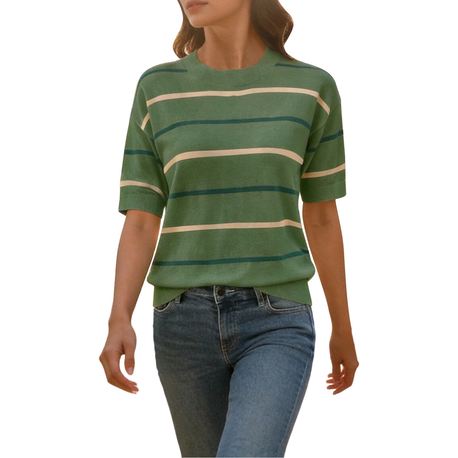 Summer Women Crew Neck Short Sleeve Shirt Knit Striped T-Shirt Classic ...