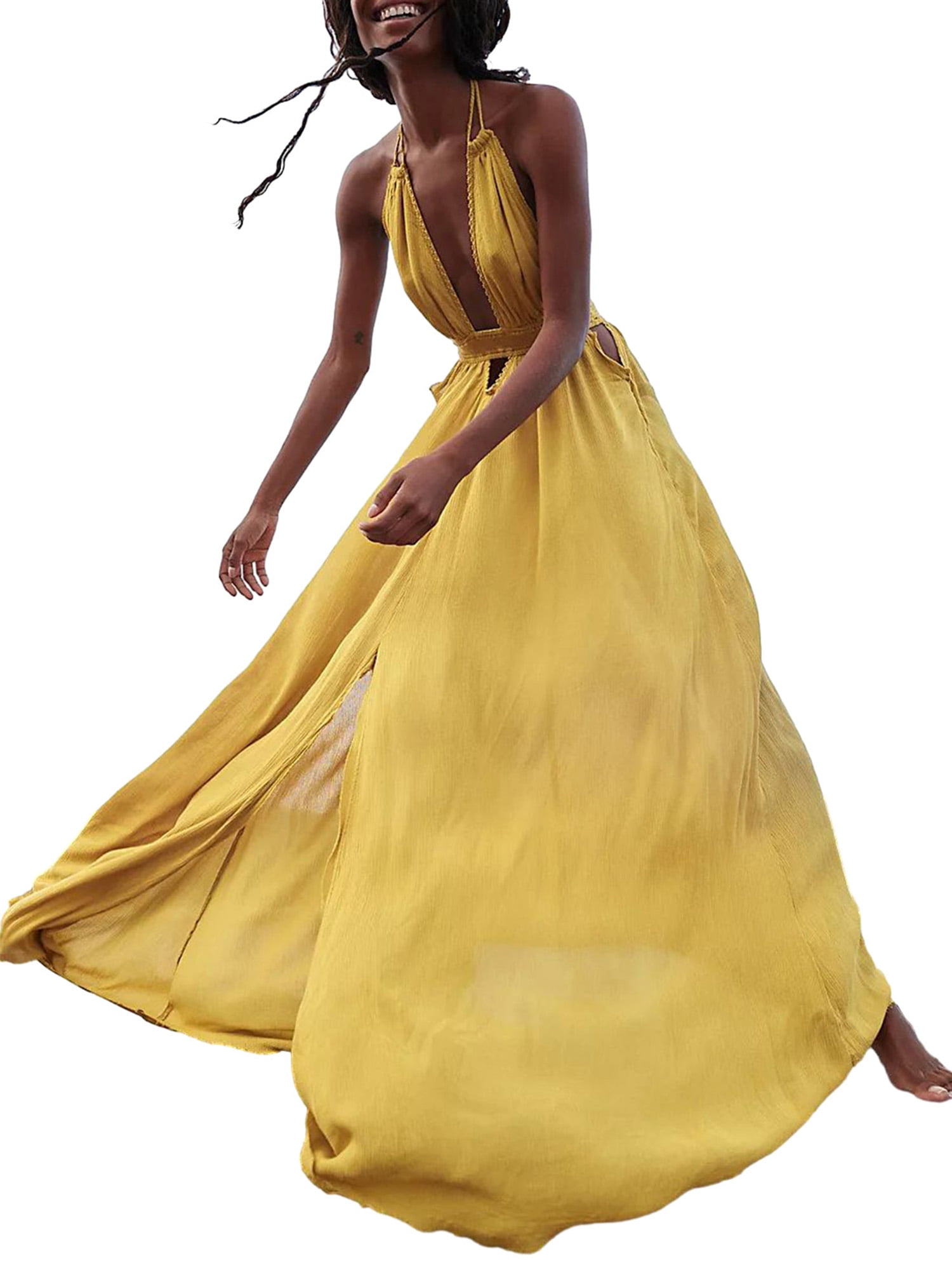 Summer Women Halter Neck Vacation Dress Casual Cutout Backless Flowy ...