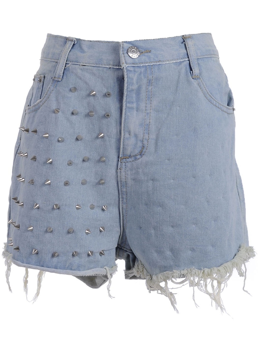 Summer Women Light Blue Denim One Side Spike Embellishments Raw Hem ...