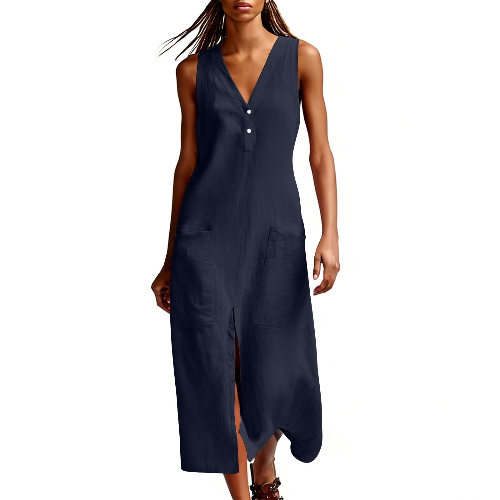 Summer Women Linen Maxi Tank Dresses 2026 Button V Neck Sleeveless T ...