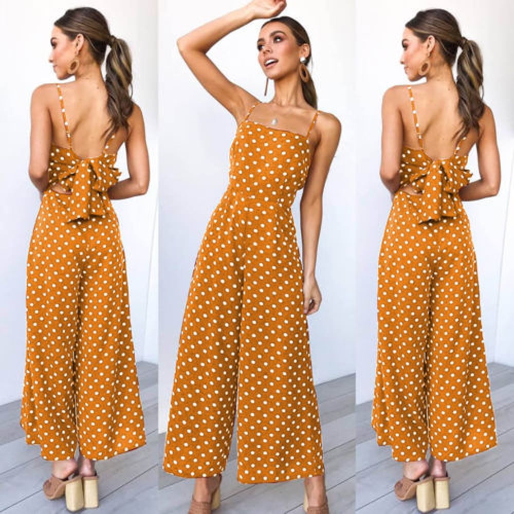 Summer Women Long Jumpsuit Polka Dot Printed Sling Hollow Back Bow ...