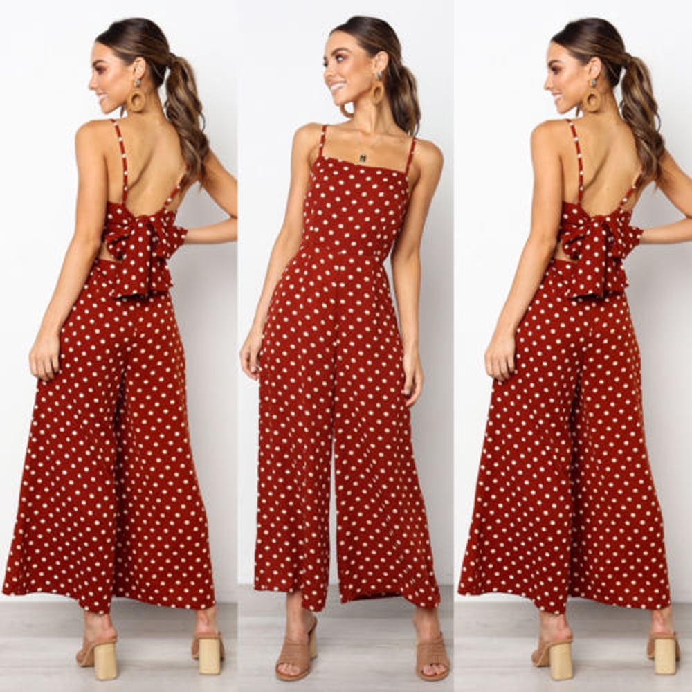 Summer Women Long Jumpsuit Polka Dot Printed Sling Hollow Back Bow ...