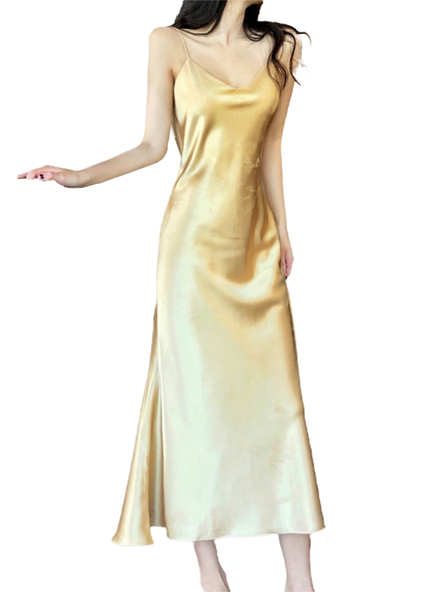 Summer Women Long Satin Slip Dress Spaghetti Strap Party Dress Vintage