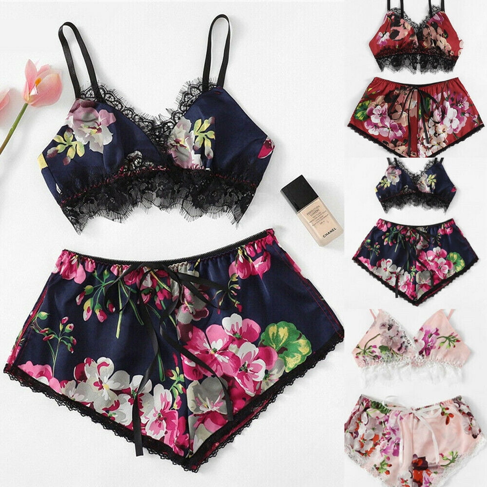 Summer Women Pajama Sexy Sleepwear Satin Silk 2pcs Tops Shorts