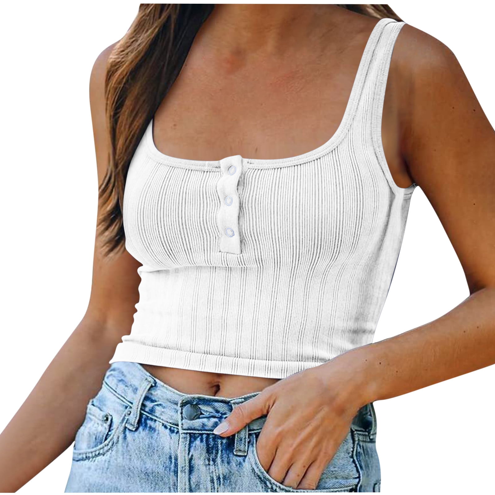 Summer Women Rib Tanks Squared Neck Camisole Basic Crop Tank Top Button ...