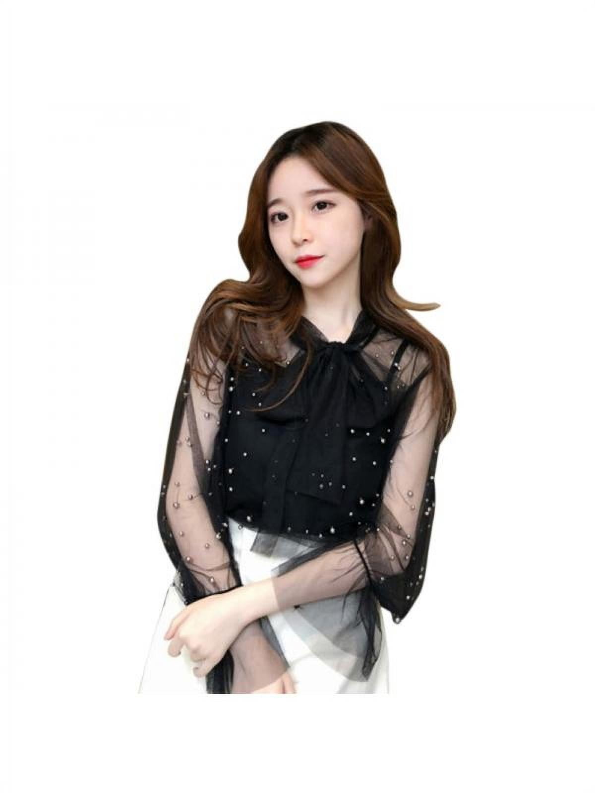 Summer Women See through Lace Sheer Mesh Tops Long Sleeve Bow Tie ...