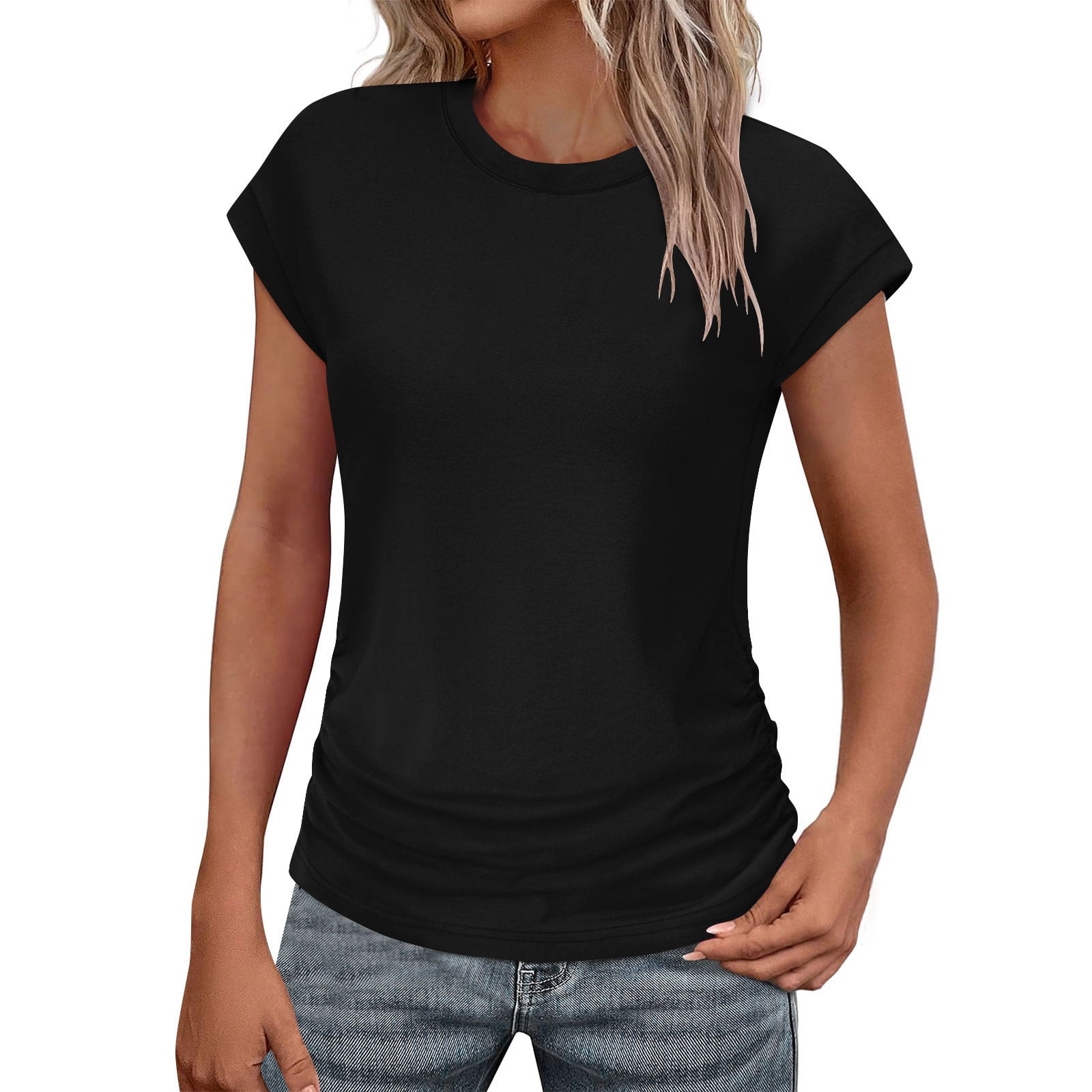 Summer Womens Cap Sleeve T-Shirt Crew Neck Tops Solid Color Tees Casual ...