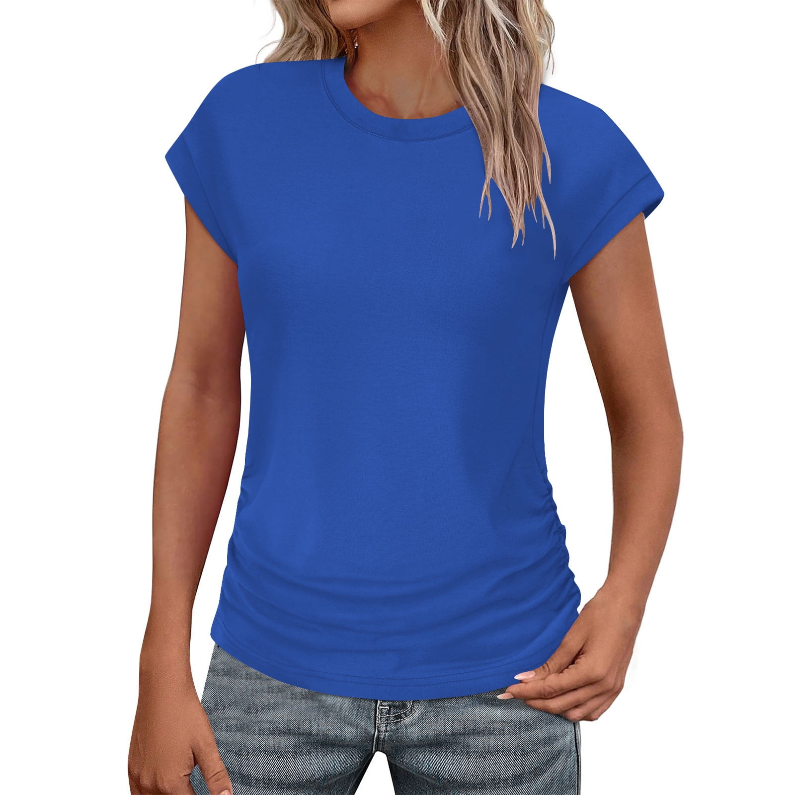 Summer Womens Cap Sleeve T-Shirt Crew Neck Tops Solid Color Tees Casual Trendy Tee Top Slim Fit ...