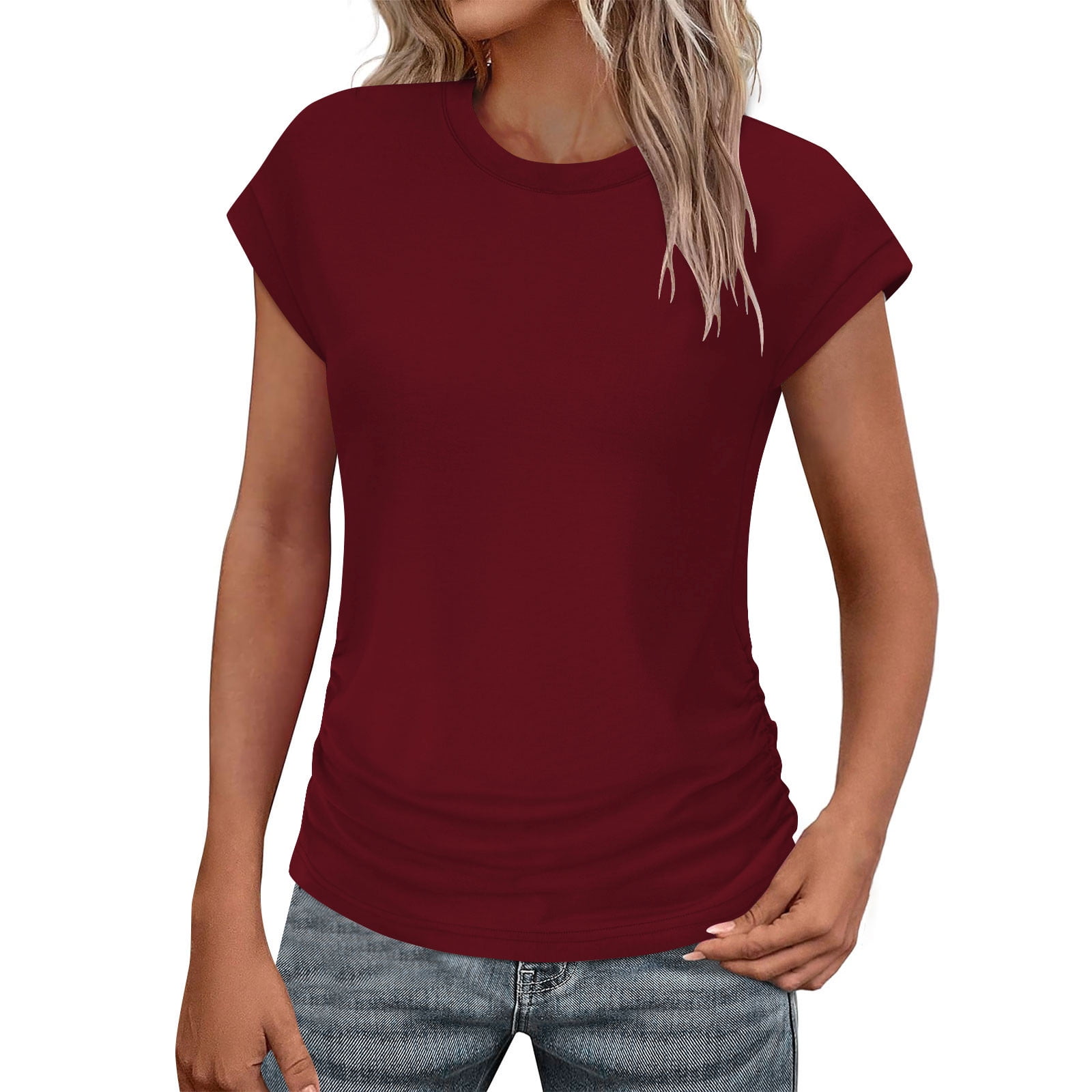 Summer Womens Cap Sleeve T-Shirt Crew Neck Tops Solid Color Tees Casual ...