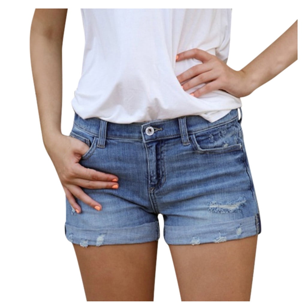 Women's Denim Shorts, High Waist, Casual Summer Style, Washed Blue ...