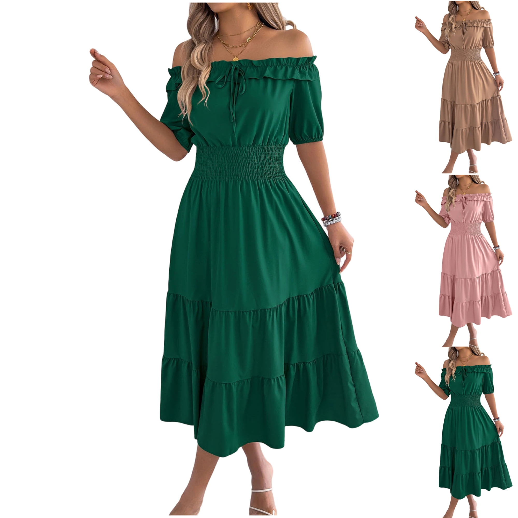 Summer Dresses for Women Plus Size Emerald Green Off Shoulder Midi ...