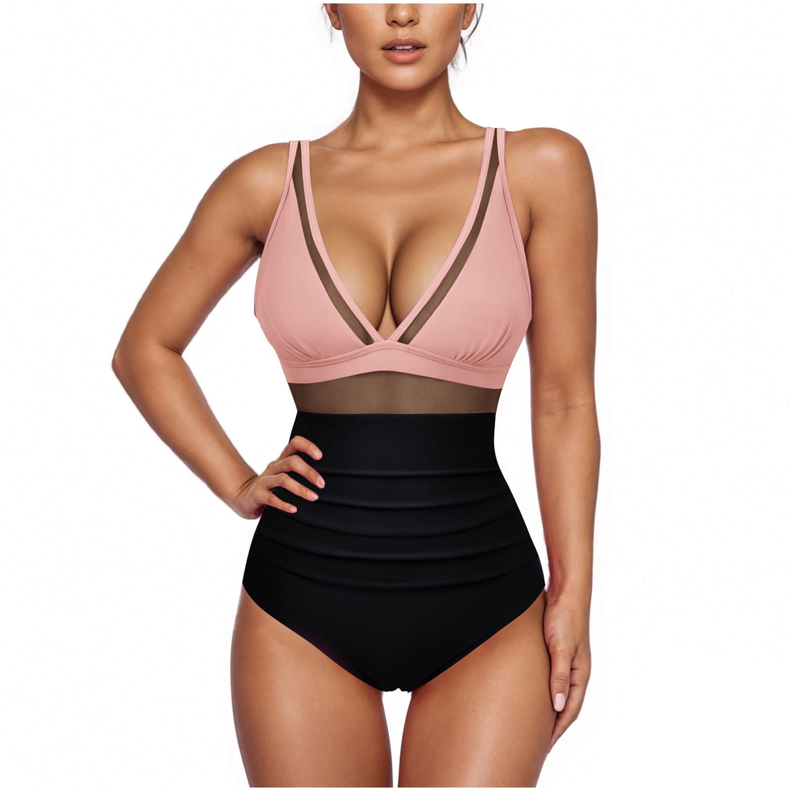 Summer Womens One Piece Bikini Sets Mesh High Waisted Tummy Control Swimsuits Support Push-Up ...