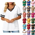 Summer Womens Tops 2026 Plus Size Fashion Short Sleeve Solid Color Tee ...