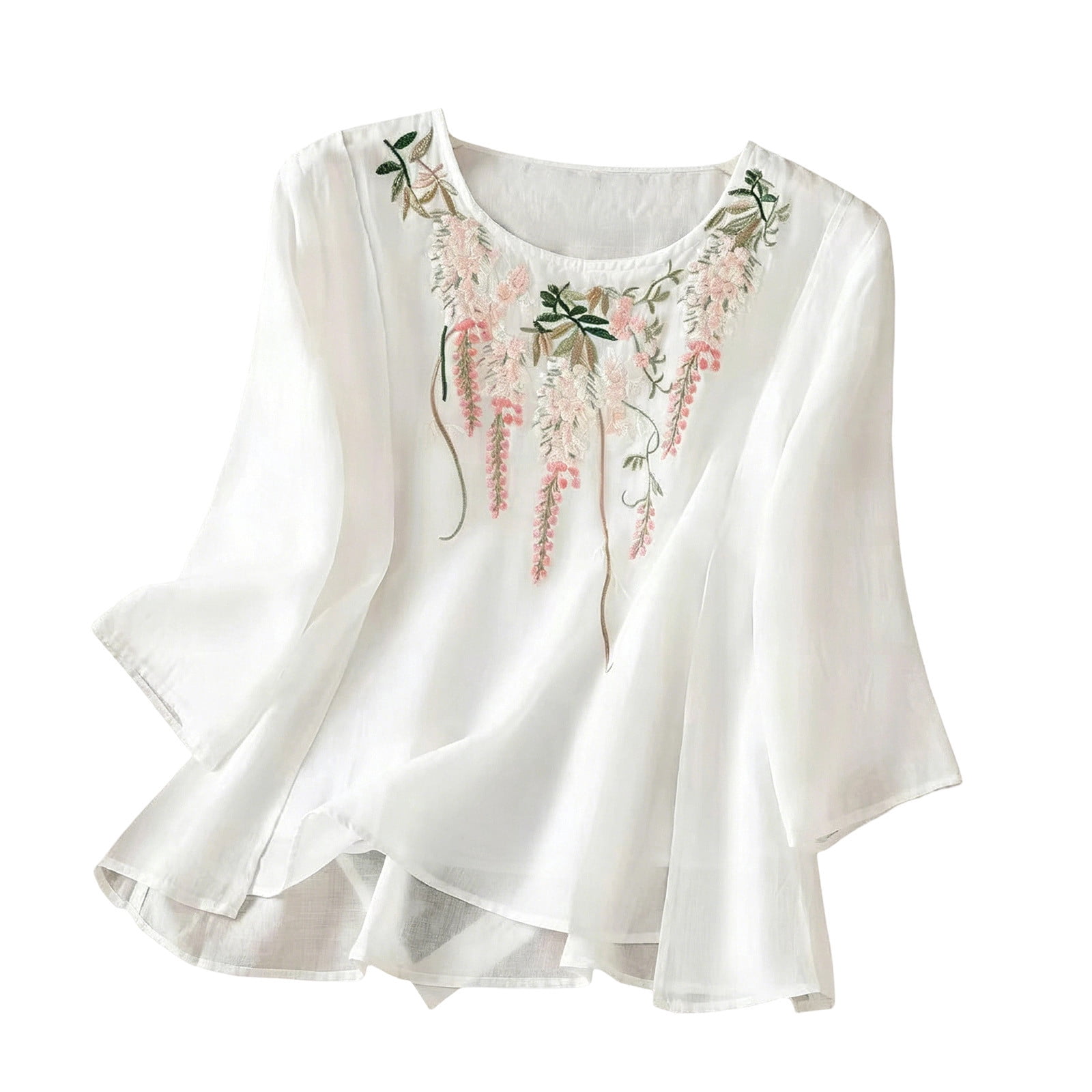 Summer Womens Tops Embroidered 3/4 Sleeve Boho Linen Shirts V Neck ...