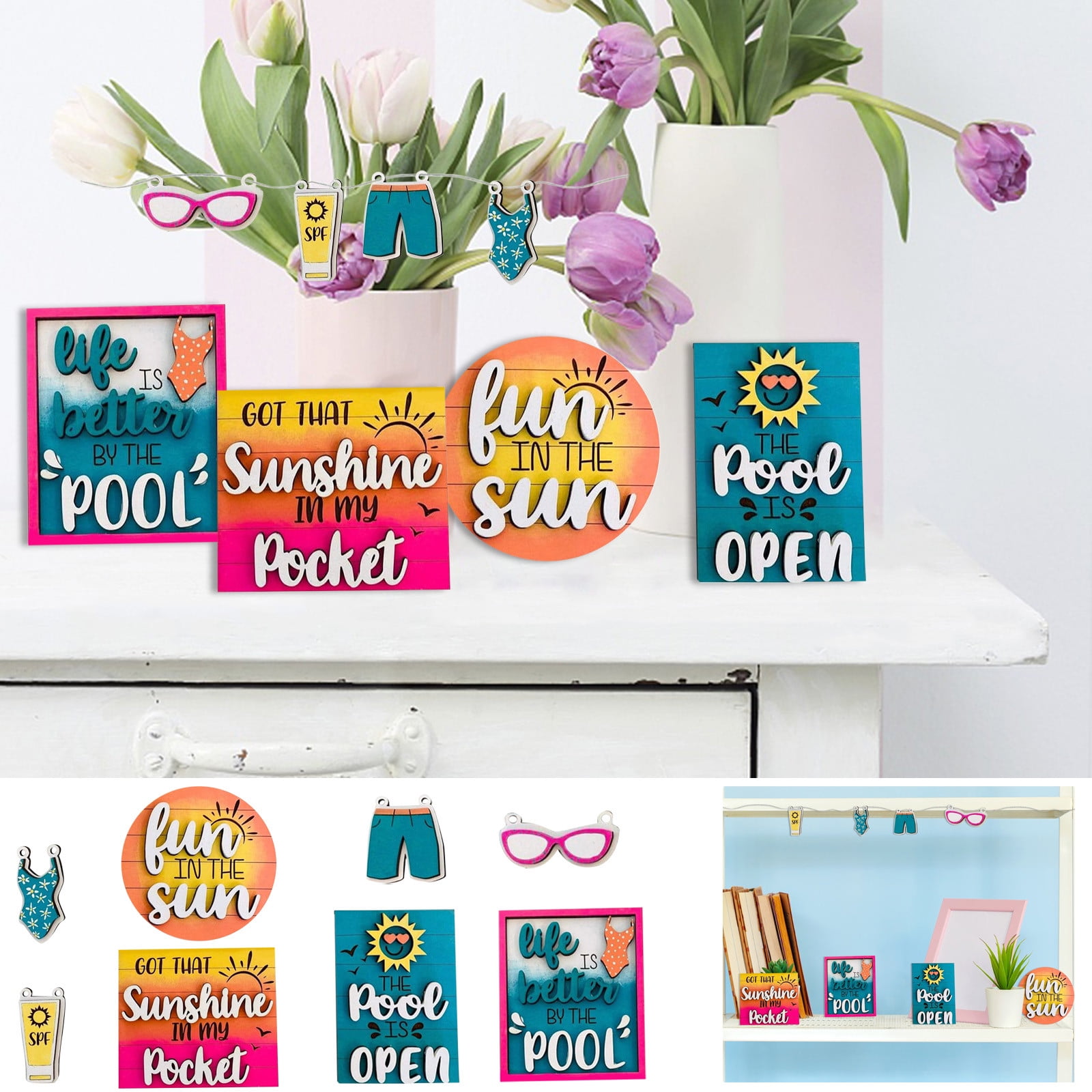 Summer Wooden Tray Decorations - Set of 4 Hand-Painted Wood Blocks with Seasonal Sayings ...