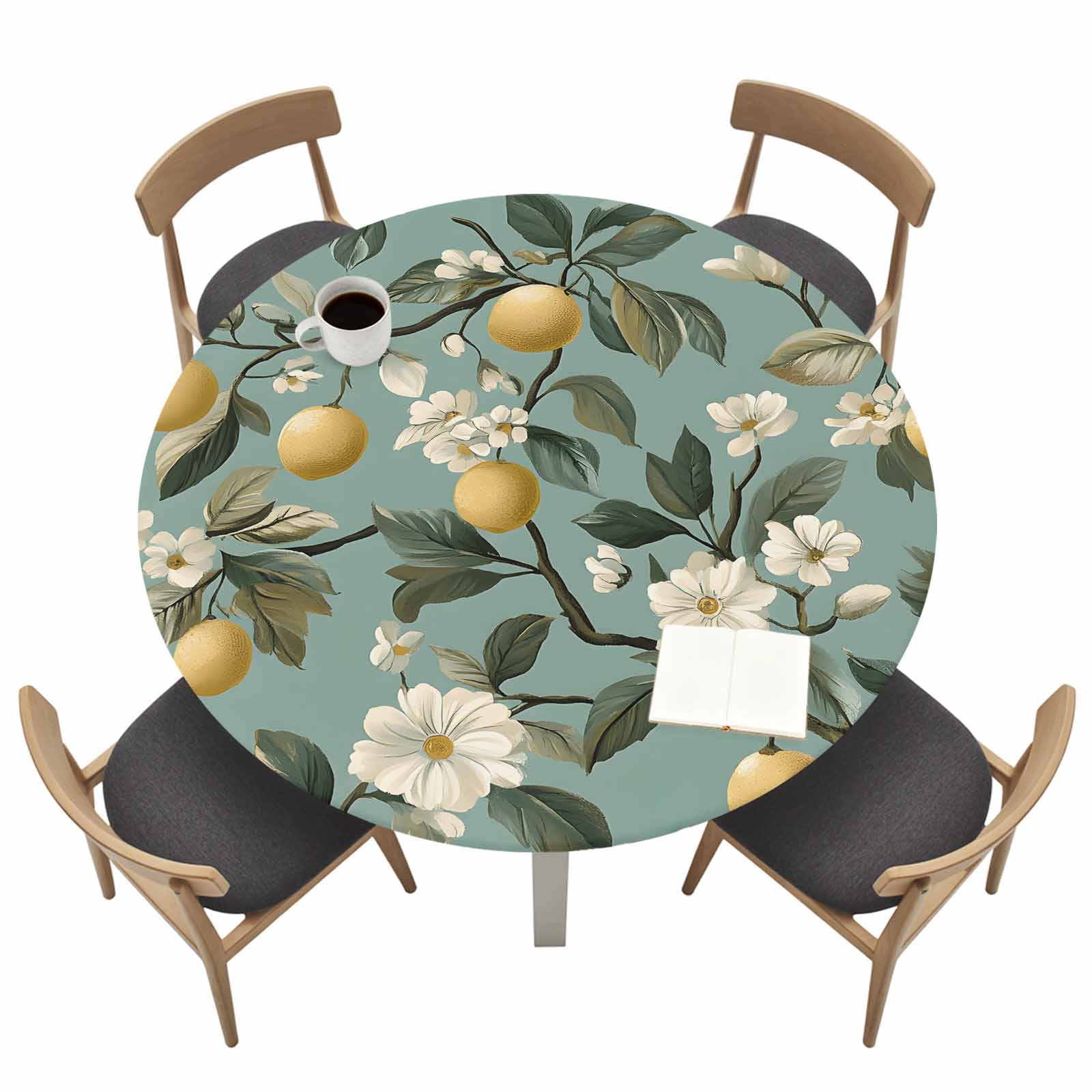Summer Yellow Lemon Round Fitted Tablecloth with Elastic Edge Plant ...