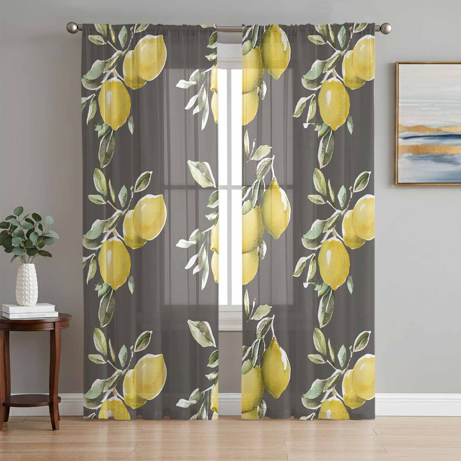 Summer Yellow Lemon Sheer Curtains 72 Inch Length 2 Panels Set ...