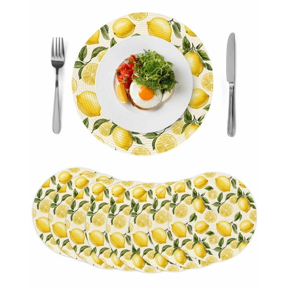 Summer Yellow Lemons Round Table Placemats set of 8, Watercolor Green ...
