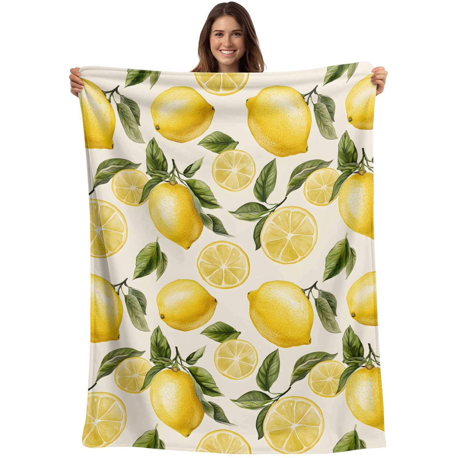 Summer Yellow Lemons Throw Blankets, Watercolor Green Floral Leaves ...