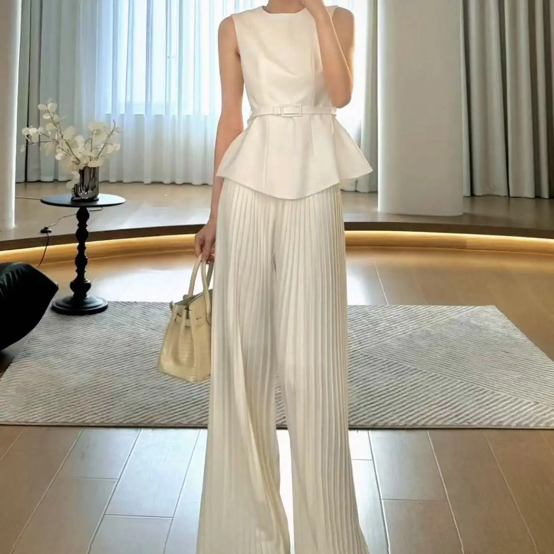 Summer h d Luxury Two Piece Sets Wom tfits Texture Sleevel Top Pleated ...