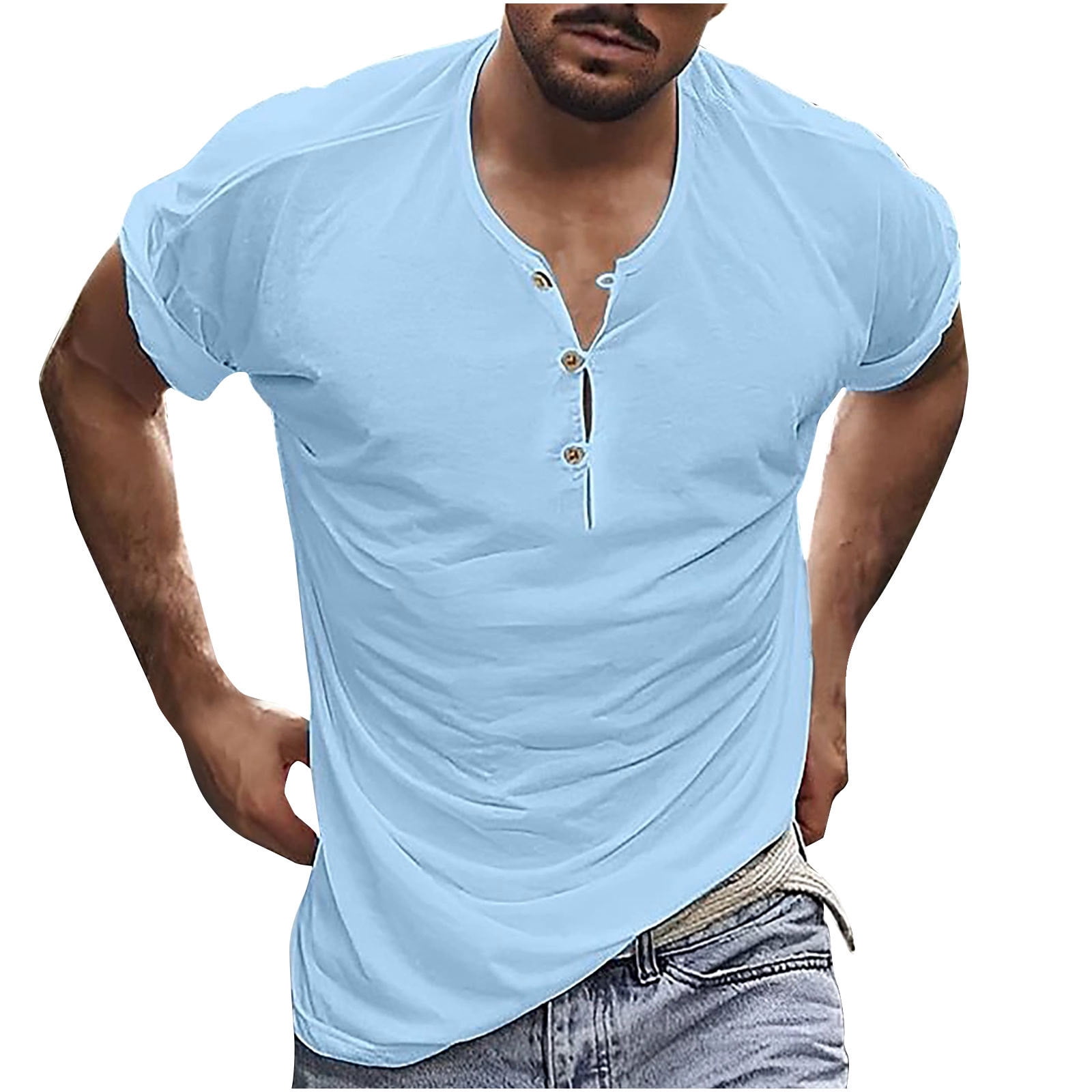 Summer Clearance APEXFWDT Men's Henley Shirts Short Sleeve Casual Basic Tee Summer Lightweight ...