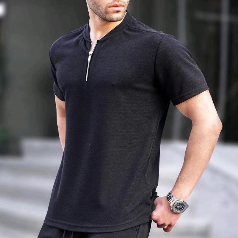 Summer zipper shirt men's short sleeve men's shirt men's tight top ...