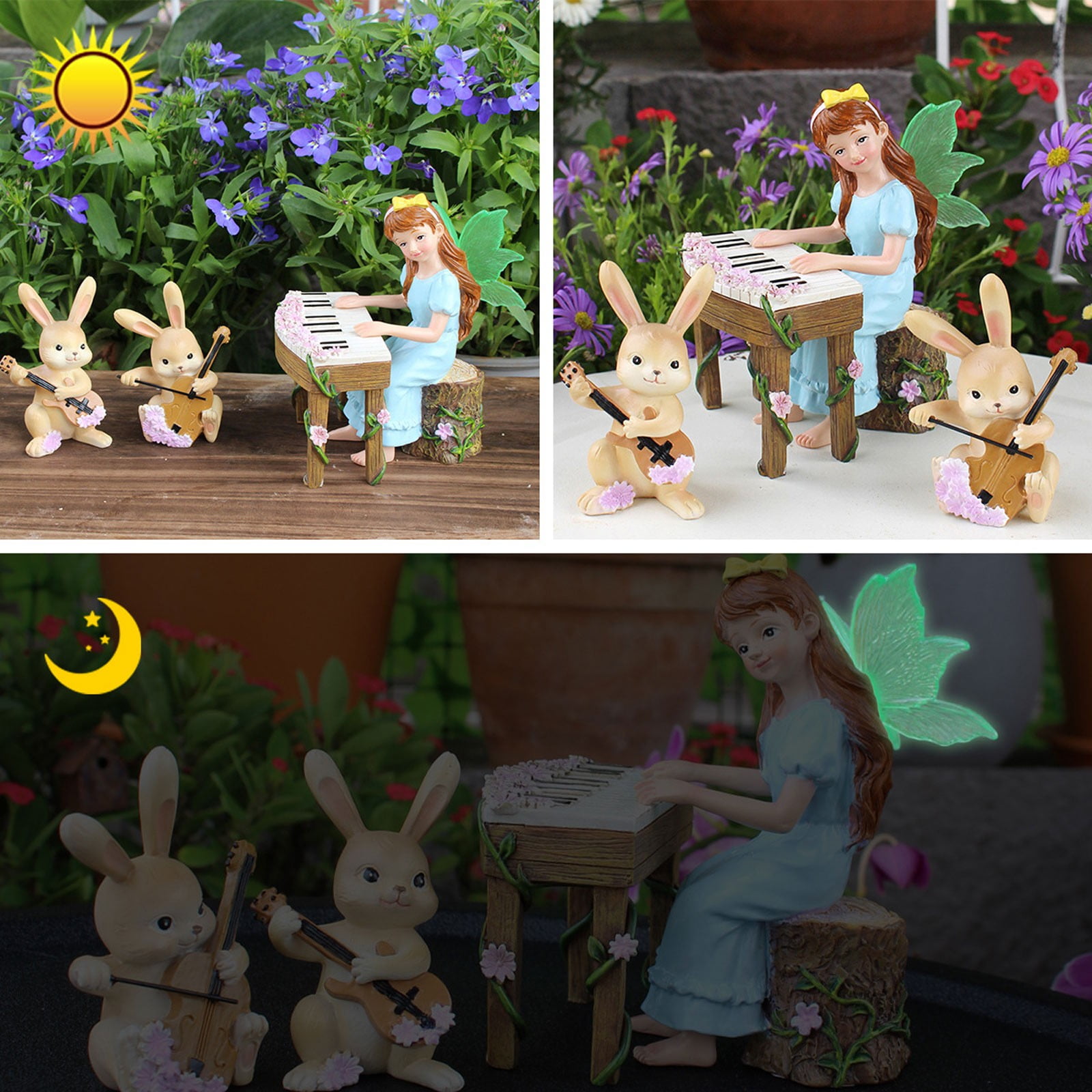Summercome Mini Fairies Playing Piano Figurines with 2 Pcs Rabbits ...
