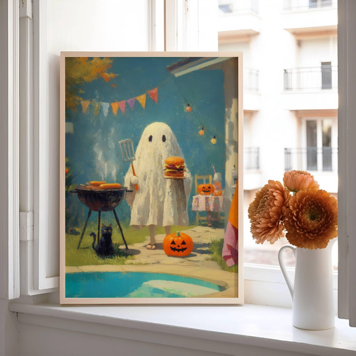 Summerween Ghost Bbq Poster, Cute Ghost Grilling With Black Cat, Spooky ...