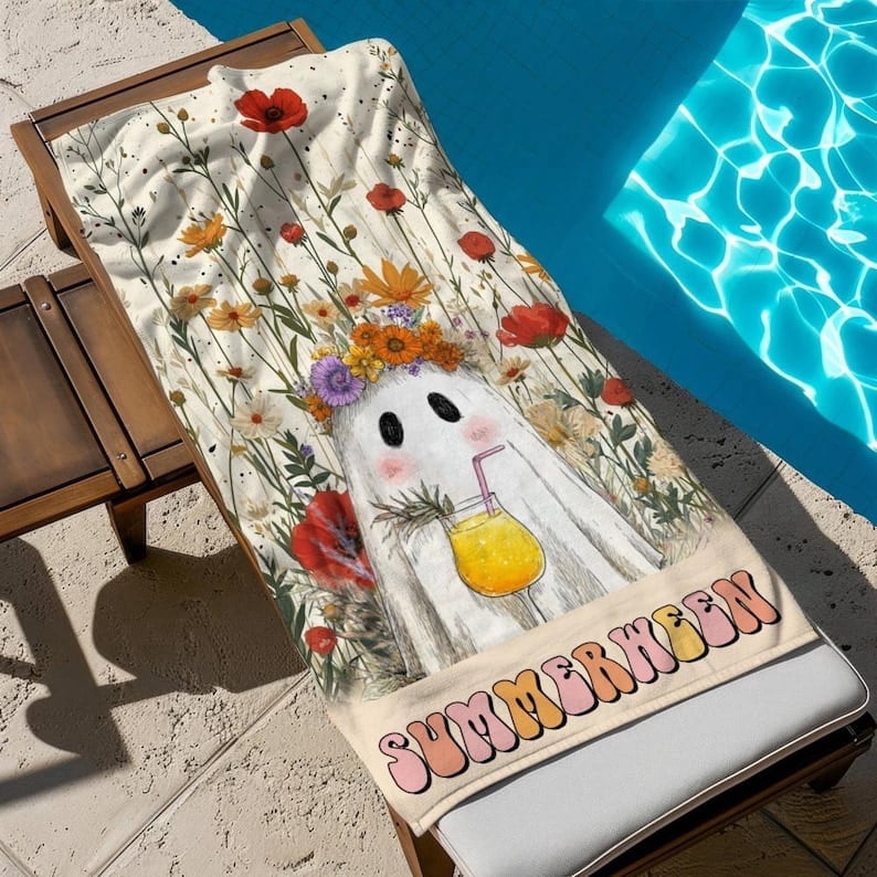 Summerween Ghost Beach Towel, Floral Ghost Bath Towel, Halloween Ghost ...