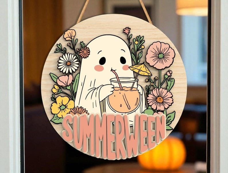 Summerween Ghost Door Hanger- Cute Ghost with Flowers & Juice ...