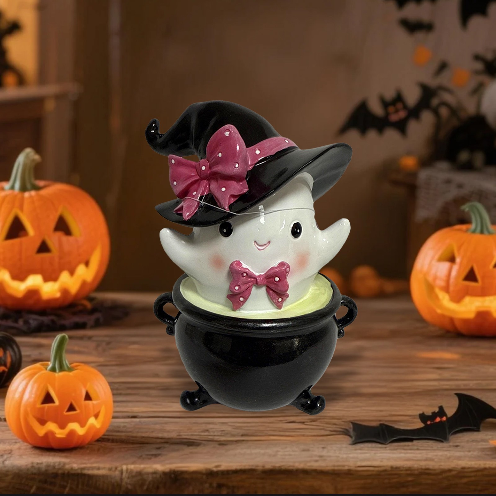 Summerween Halloween Ghost with Pink Bow Witch Hat in Cauldron NEW ...