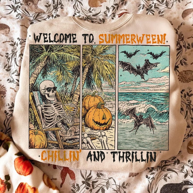 Summerween Sweatshirt, Spooky Summer Halloween Pullover, Skeleton ...