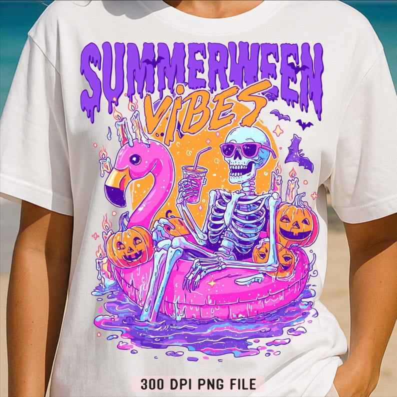 Summerween Vibes Shirt, Funny Skeleton Float Tee, Spooky Flamingo Pool ...