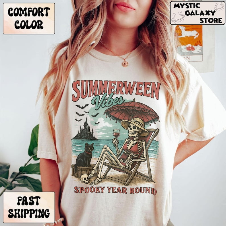 Summerween Vibes Skeleton T-Shirt, Skeleton Bikini Spooky Halloween T ...