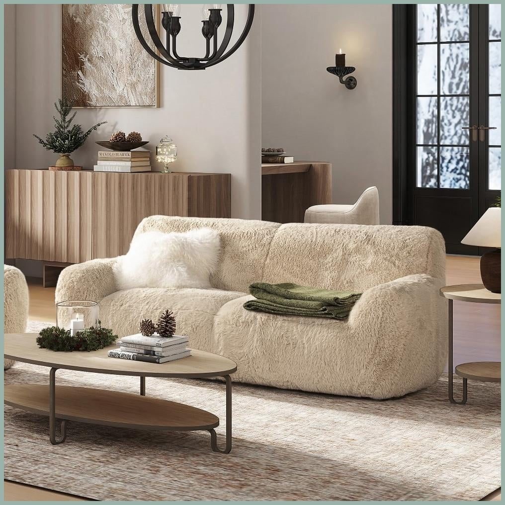 Summit 83" Cream Beige Faux Mongolian Sheepskin Overstuffed Sofa ...