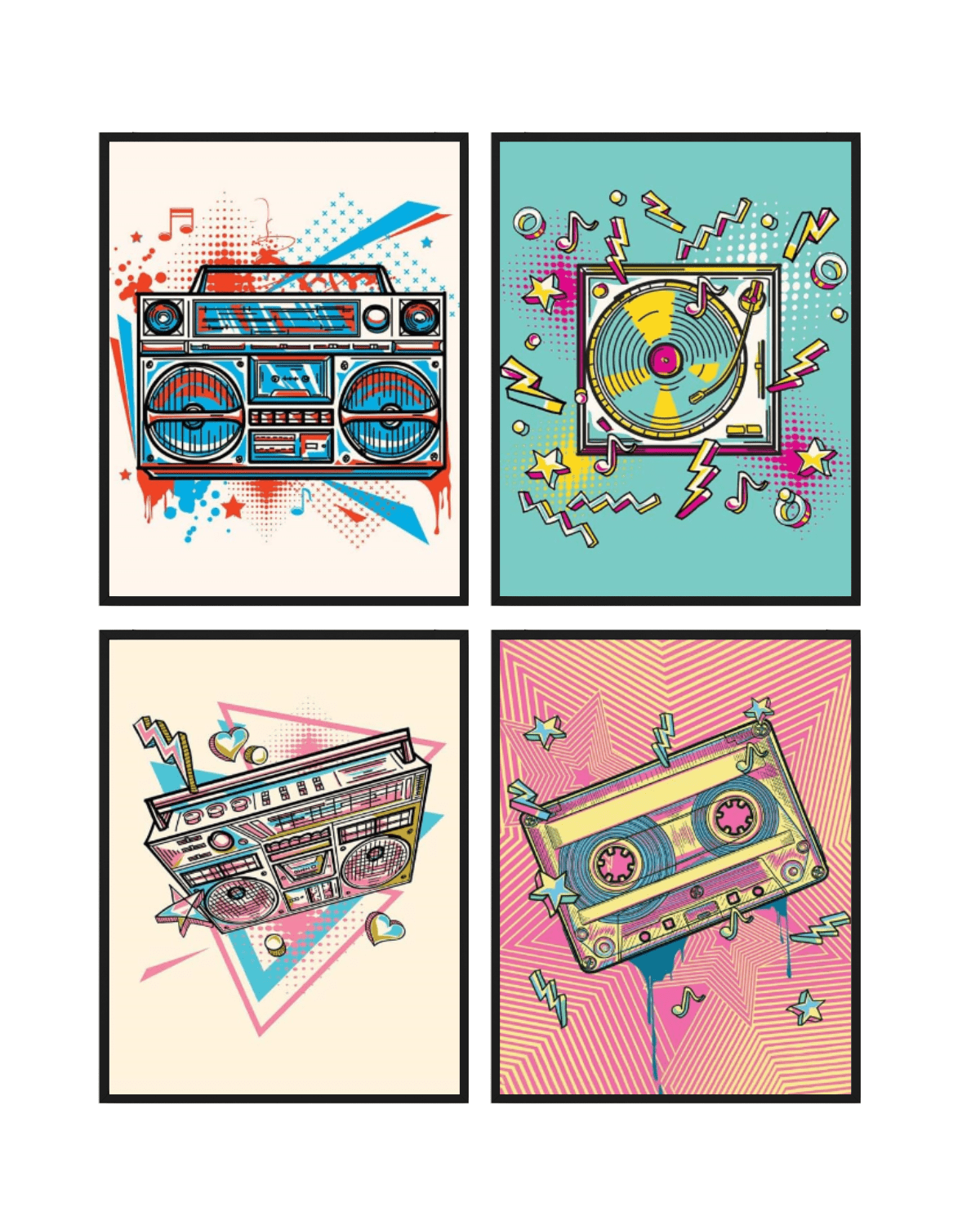 Summit Designs Retro Music Players Wall Art Decor Prints, Boom Box ...