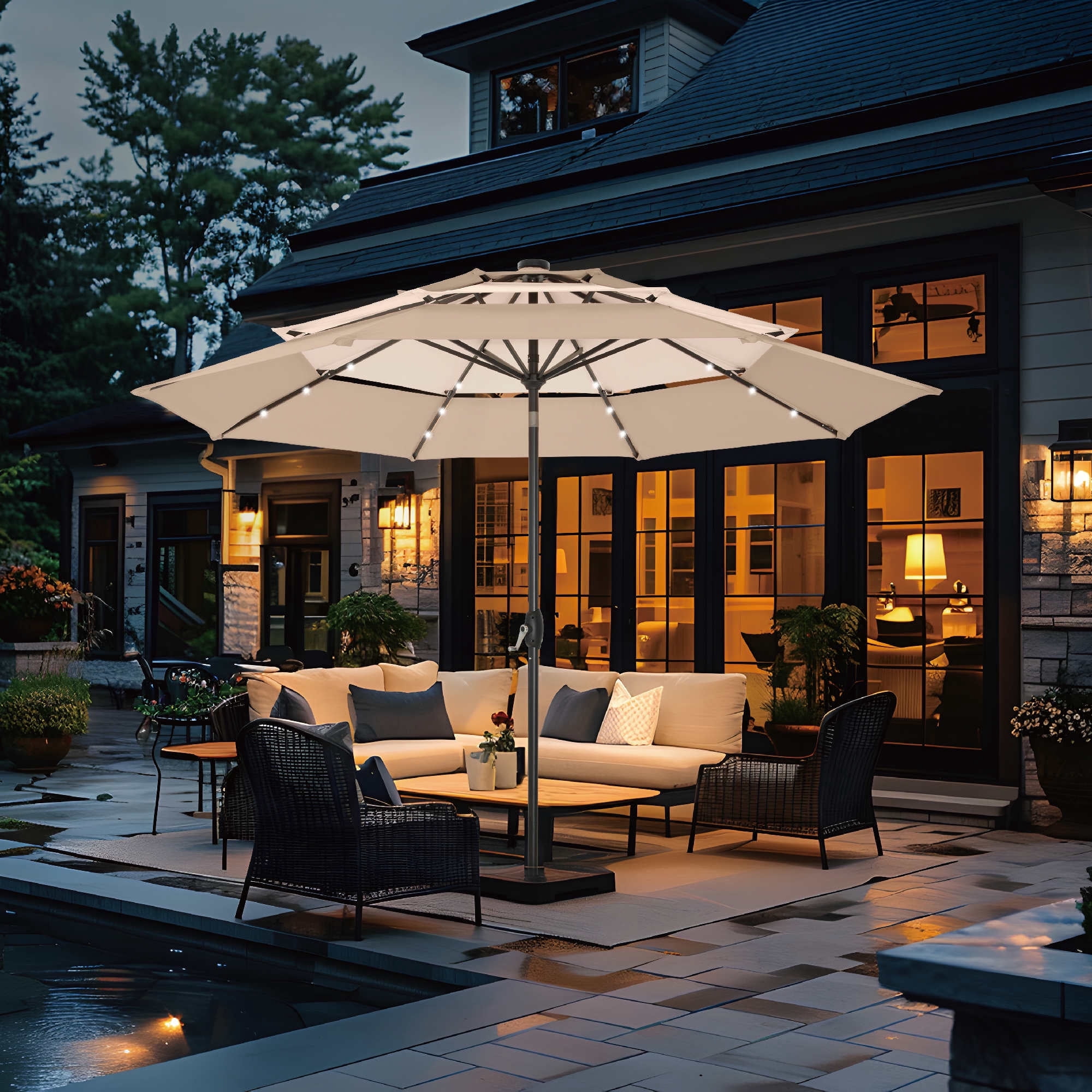 Summit Living 10ft Patio Umbrella with Solar Lights 3-Tier Vented ...
