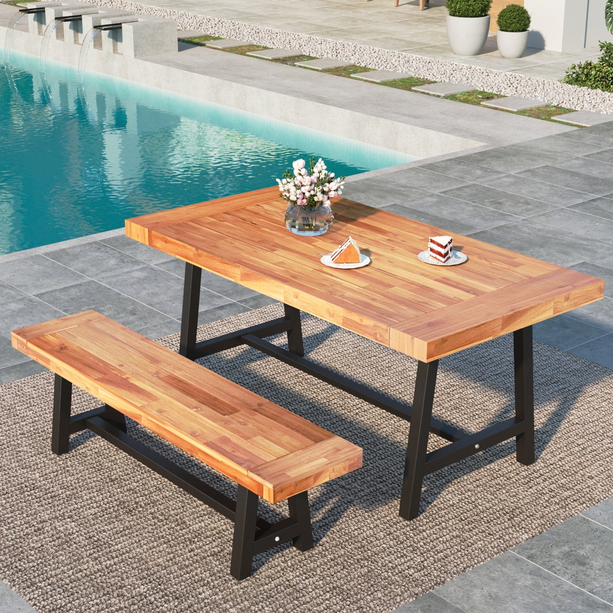 Summit Living 2-piece Wooden Patio Bench Set, Wood Outdoor Dining Set ...