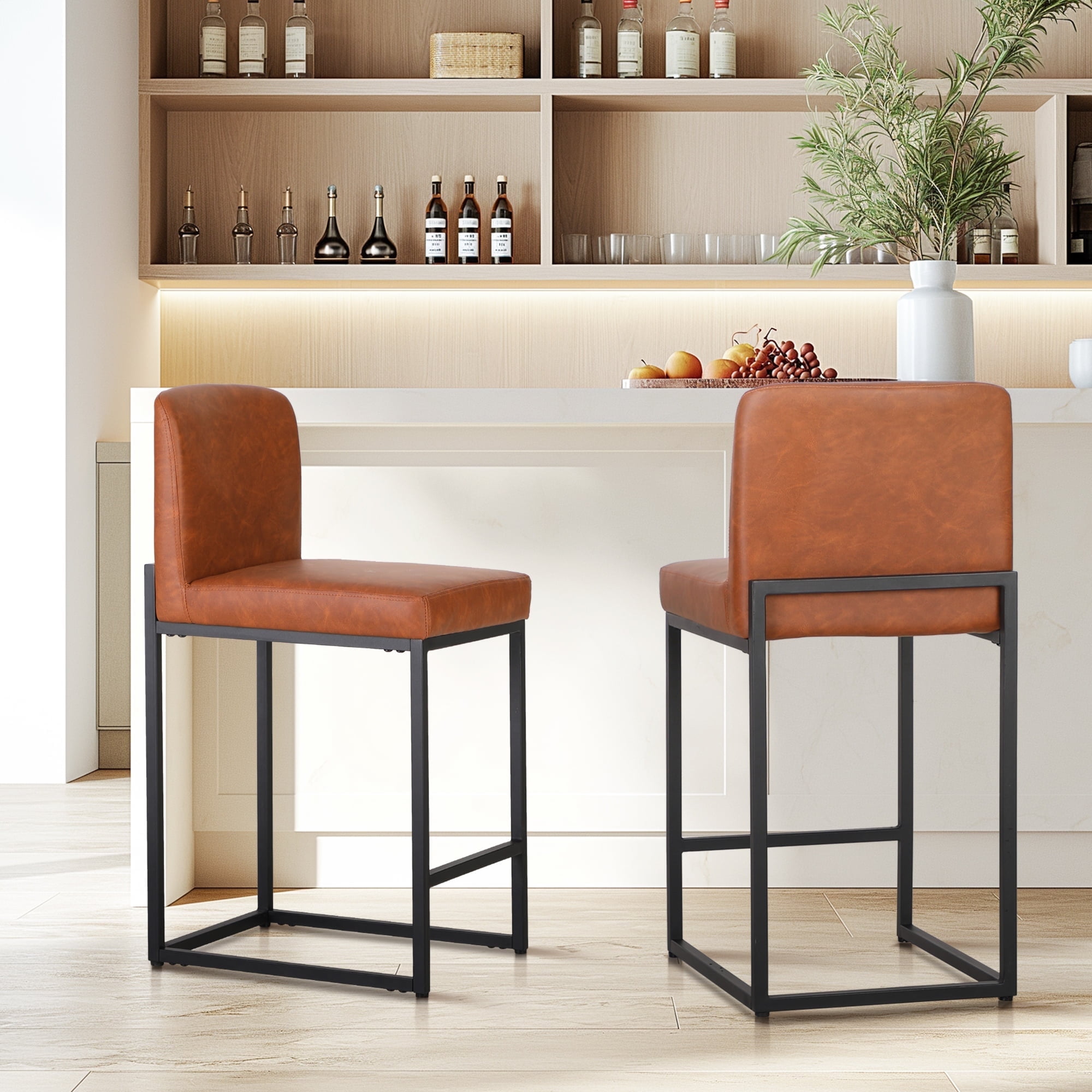 MF Studio 24 inch Bar Stools with Back Set of 2 for Kitchen Dining, Faux Leather Counter Stools ...