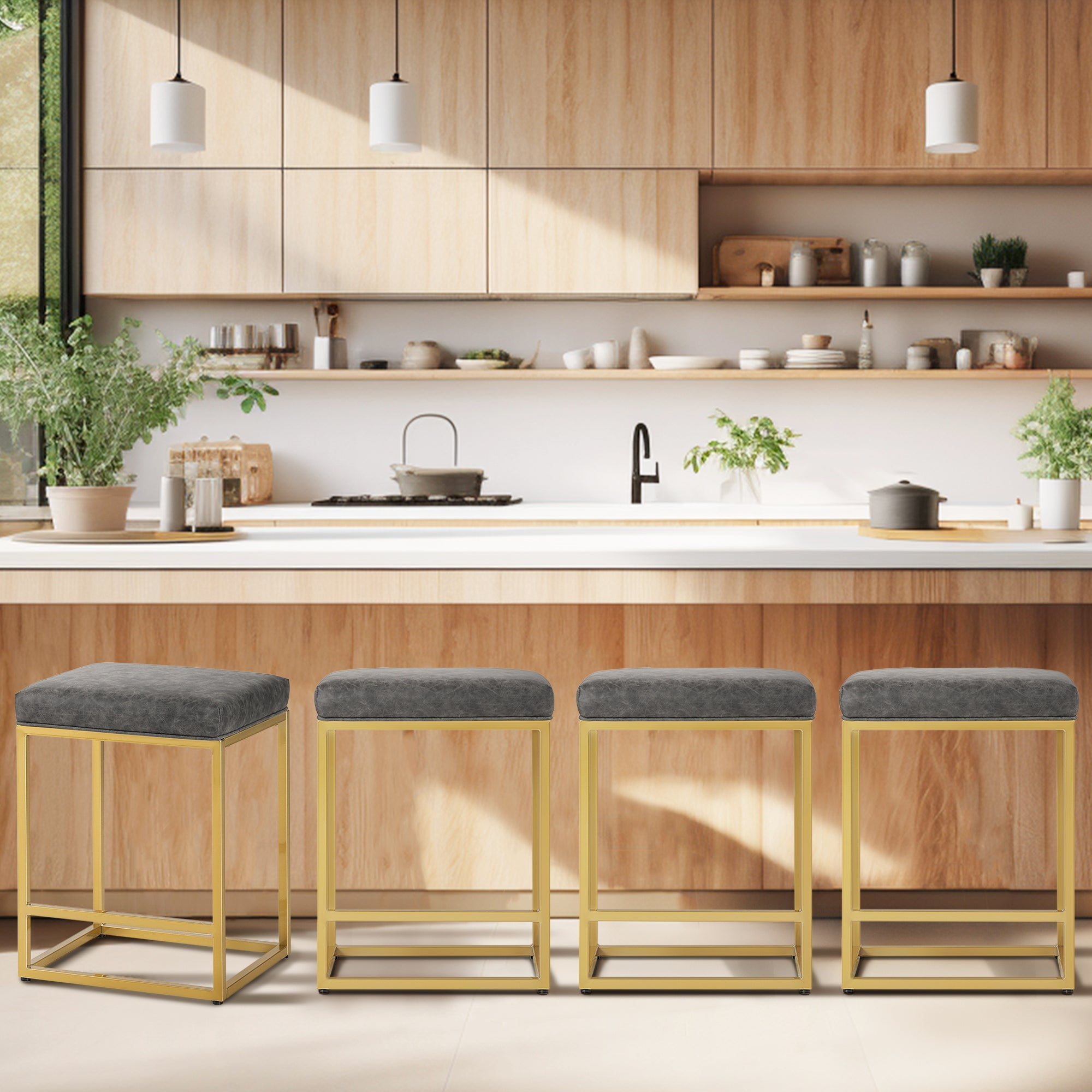 Summit Living 24 inch Counter Stool Set of 4 for Kitchen, Faux Leather ...