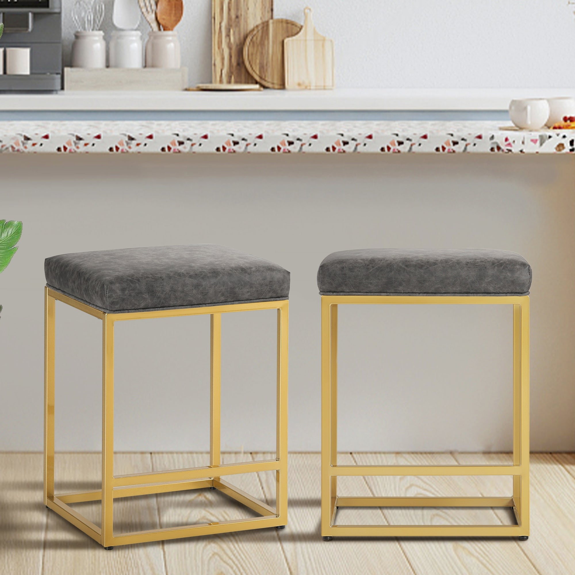 Summit Living 24 Inch Counter Stools Set of 2, Gold & Gray Faux Leather ...
