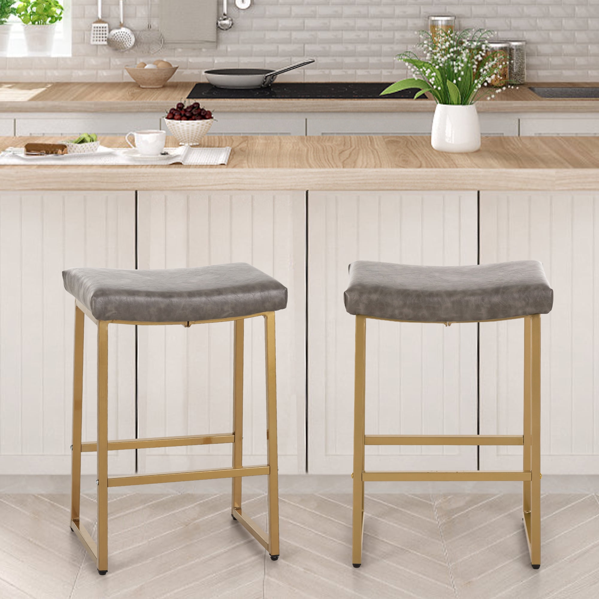 Summit Living 24" Saddle Bar Stools Set of 2, Faux Leather, Gray & Gold ...