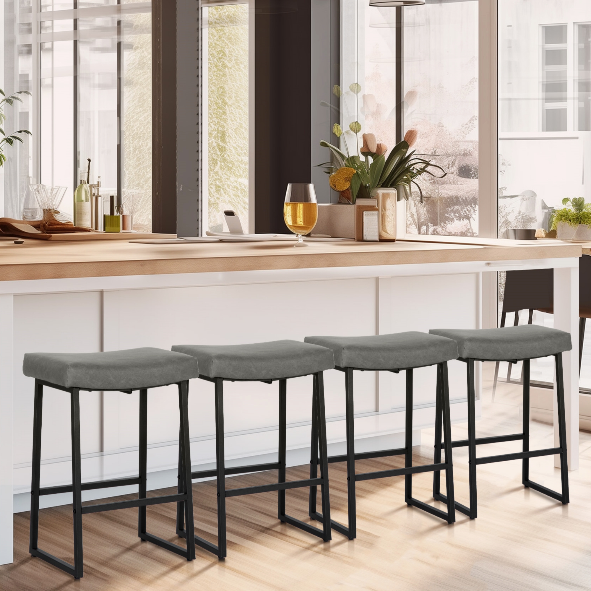 Summit Living 24 inch Saddle Counter Stools Seat Set of 4, Faux Leather ...